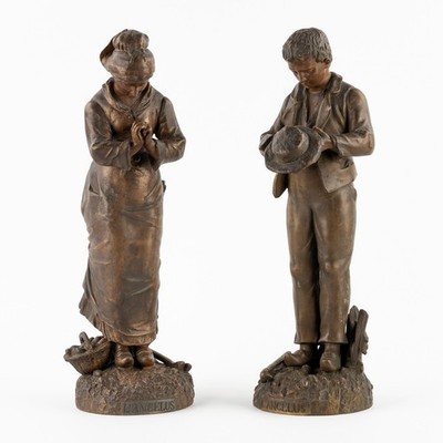 PAIR large antique patinated spelter metal statues Angelus pray ...