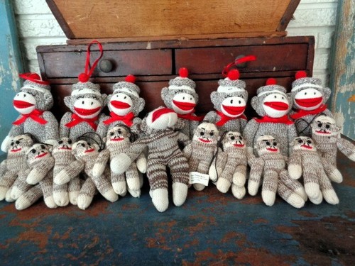 18 Vintage Sock Monkey Ornaments plus Vintage Cardboard Suitcase for Storage! | eBay