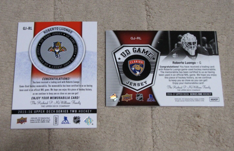 (2) Roberto Luongo Upper Deck Game Jersey Relic Patch 2015-16 2016-17 ...
