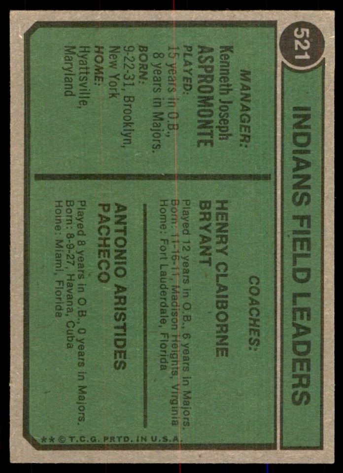 1974 TOPPS KEN ASPROMONTE/CLAY BRYANT/TONY PACHECO CLEVELAND INDIANS ...