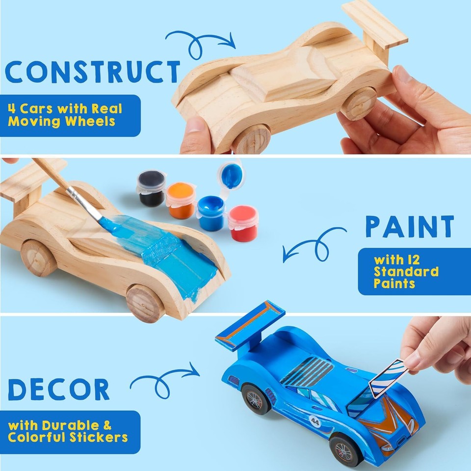 DIY Wooden Race Cars Kit: Build, Paint, 4 Toy Cars, Easy Assembly Gift ...