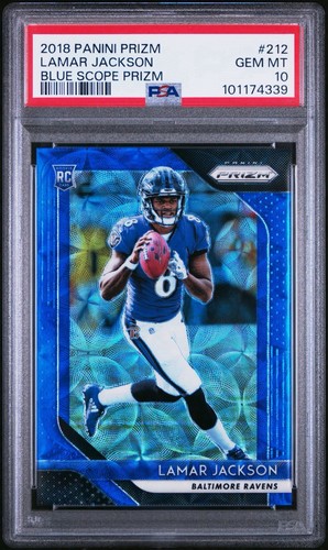 LAMAR JACKSON PSA 10 2018 PANINI PRIZM #212 ROOKIE BLUE SCOPE /99 RC ...