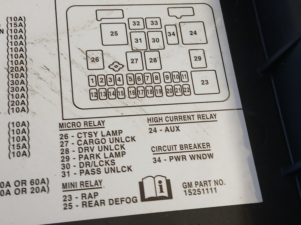 Interior 2003 2006 Chevy Express Fuse Box Lid Cover 2500 3500 2004 2005 ...