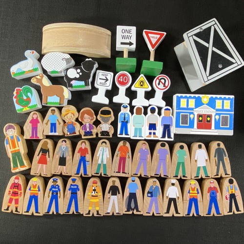 46ct Melissa and Doug Wooden People Work Farm Animals Traffic Signs | eBay