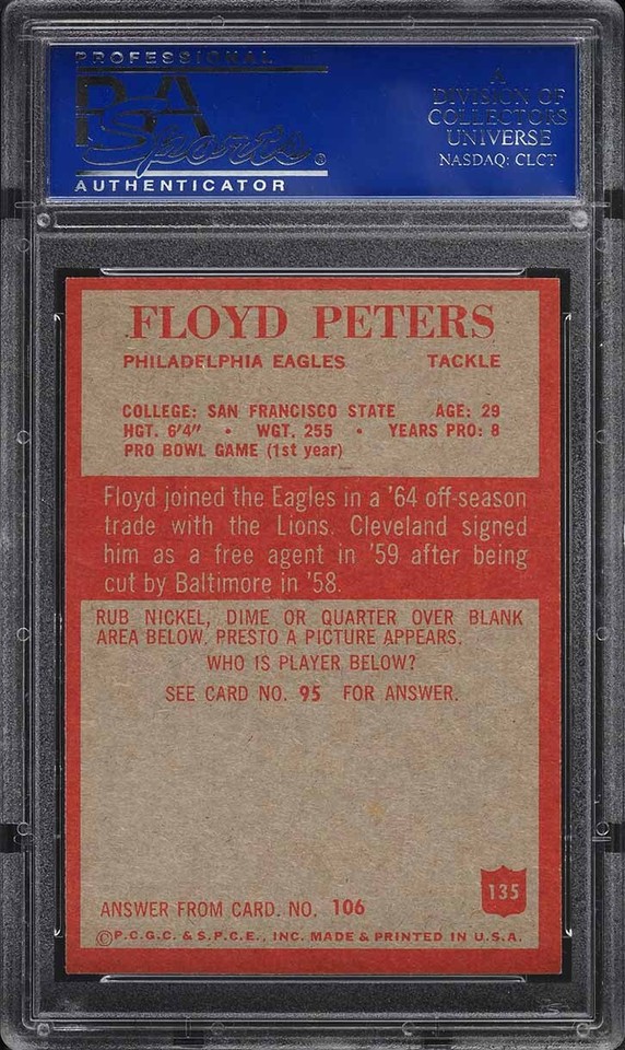 1965 Philadelphia FB Card #135 Floyd Peters Eagles ROOKIE RC PSA 8 NM ...