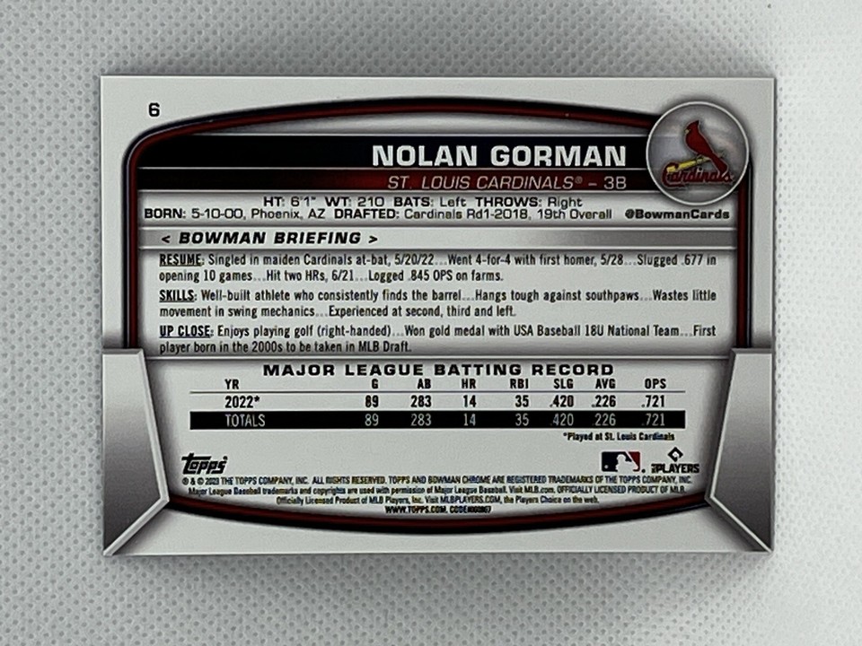 2023 Bowman Mega Box Chrome Nolan Gorman RC Purple Mojo /250 Rookie #6 ...