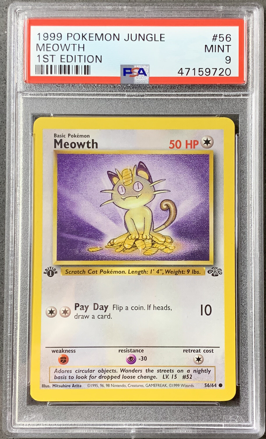Pokémon Card 1st Edition Meowth PSA 9 Mint, Jungle Set #56, 1999 WOTC ...