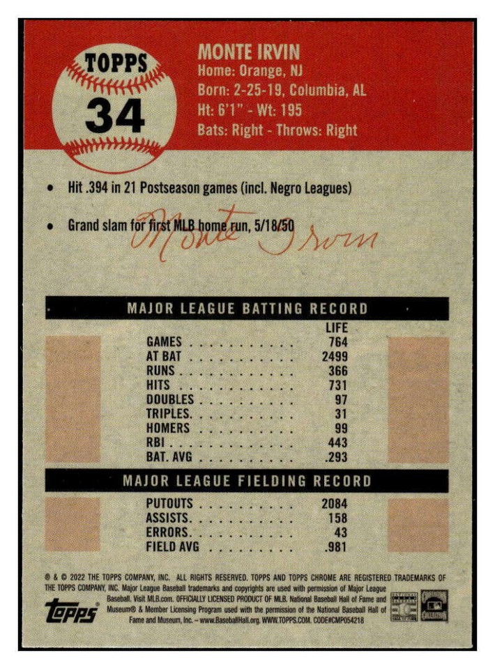 MONTE IRVIN 2022 Topps Chrome Platinum Anniversary #34 MLB NY Giants ID ...