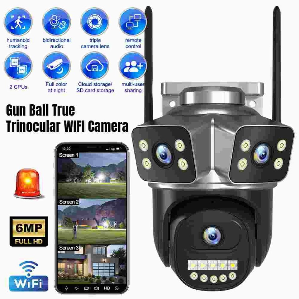 3 Lens 6MP WiFi IP Camera Wireless 1080P Outdoor CCTV PTZ Home Security ...
