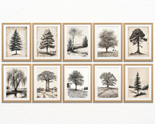 Digital Set of 10 Tree Sketch, Vintage Tree Drawing |JPG 300 DPI ...