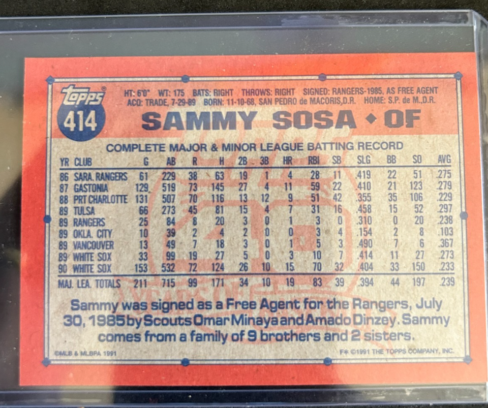 1991 Topps - Sammy Sosa RC #414 Chicago Cubs -Error Card DOB incorrect ...