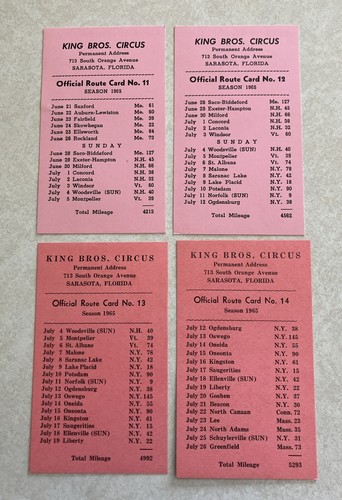 1965 King Bros Circus Route Card Lot 4 Cards | eBay