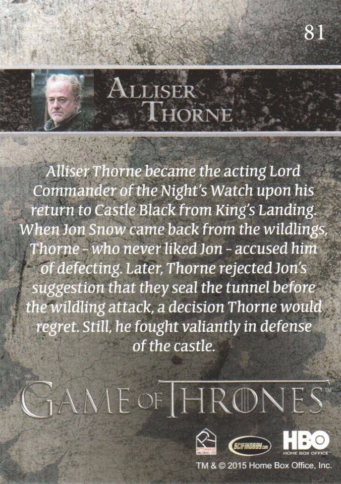 2015 Game of Thrones Season 4 Trading Card FOIL #81 Alliser Thorne | eBay