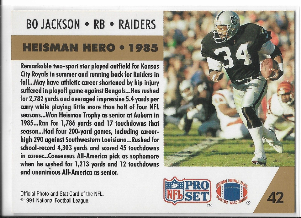 1991 PRO SET HEISMAN HERO 1985 BO JACKSON #42 Los Angeles Raiders | eBay