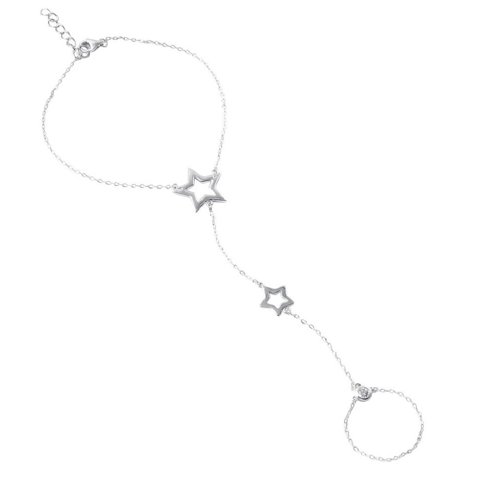 Sterling Silver Double Open Star Finger Chain Bracelet with CZ Stone ...