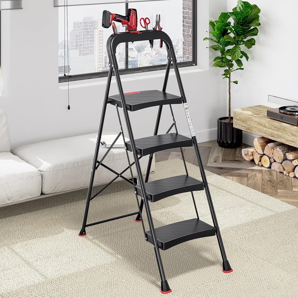 4 Step Ladder, Heavy Duty Step Stool with Tool Tray and Anti-Slip Wide ...