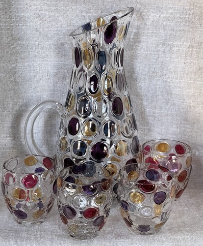 Bohemian Crystal Glass Pitcher Thumbprint Colorful Coin Dot Art Pitcher ...