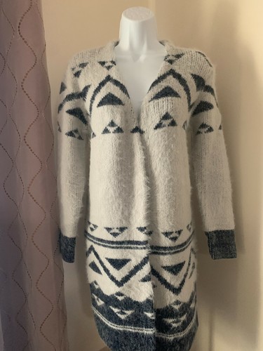 A.N.A. White & Blue AZTEC Open Cardigan FUZZY Duster Sweater, Womens ...