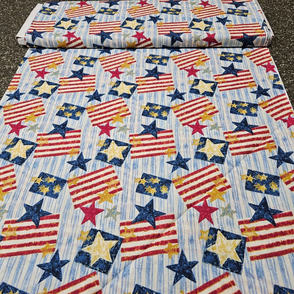 Vintage Patriotic BTY General Fabrics Red Blue Ecru Stripe Flags | eBay