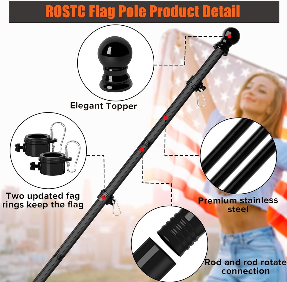 5 FT Flag Pole for Kit Tangle Free Spinning Weather Resistant Rustproof ...