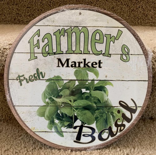 Farmers Market Fresh Basil 12" Round Metal Sign Rustic Retro Kitchen ...
