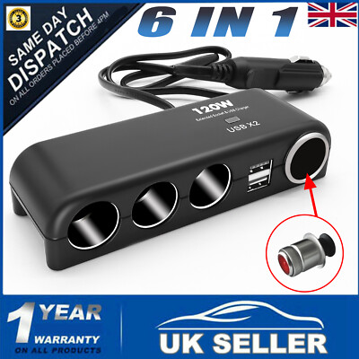 4 Way 12V 120W Multi Socket Car Cigarette Lighter Splitter USB Charger ...