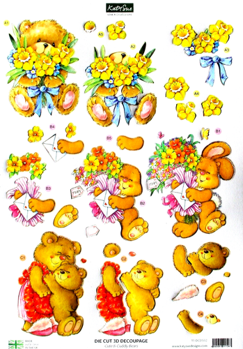 A4 DIE CUT 3D PAPER TOLE DECOUPAGE CUTE & CUDDLY BEAR SHEET Children ...