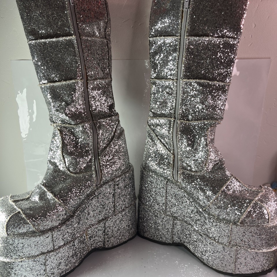 Demonia Stack Silver Glitter Gene Simmons Knee High, Platform Men’s 12 ...