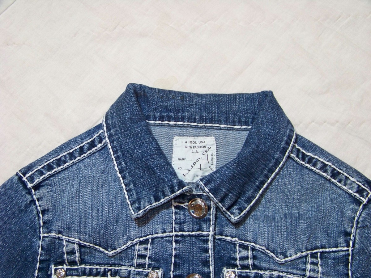 L.A.Idol Cropped Denim Jacket with Rhinestone Buttons - Jrs L.A.Idol Cropped Denim Jacket with Rhinestone Buttons - Jrs