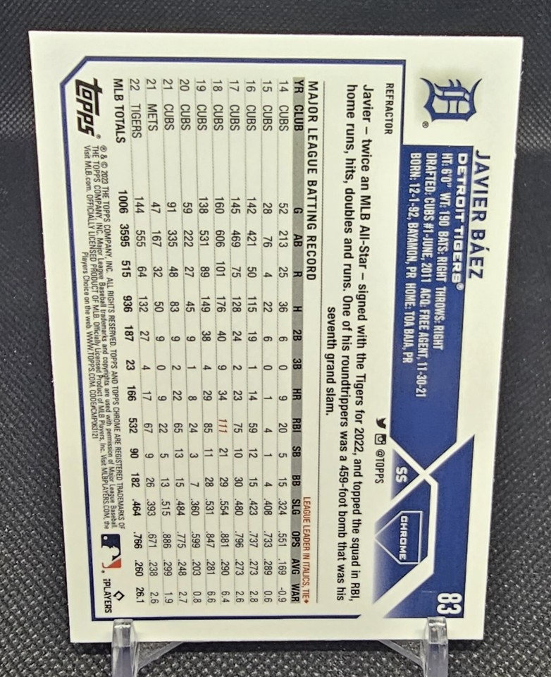 2023 Topps Chrome Baseball Card Refractor #83 Javier Baez Detroit ...