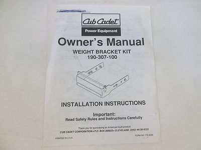 Cub Cadet Weight Bracket Kit Owners Manual Model No. 190-307-100 | eBay