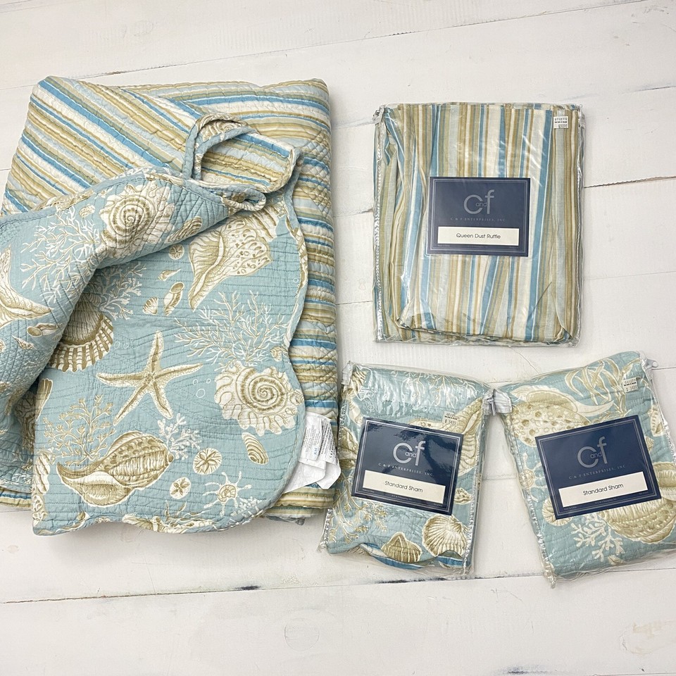 Natural Shells Reversible Full Queen Quilt 2 Shams Dust Ruffle C&F Home ...