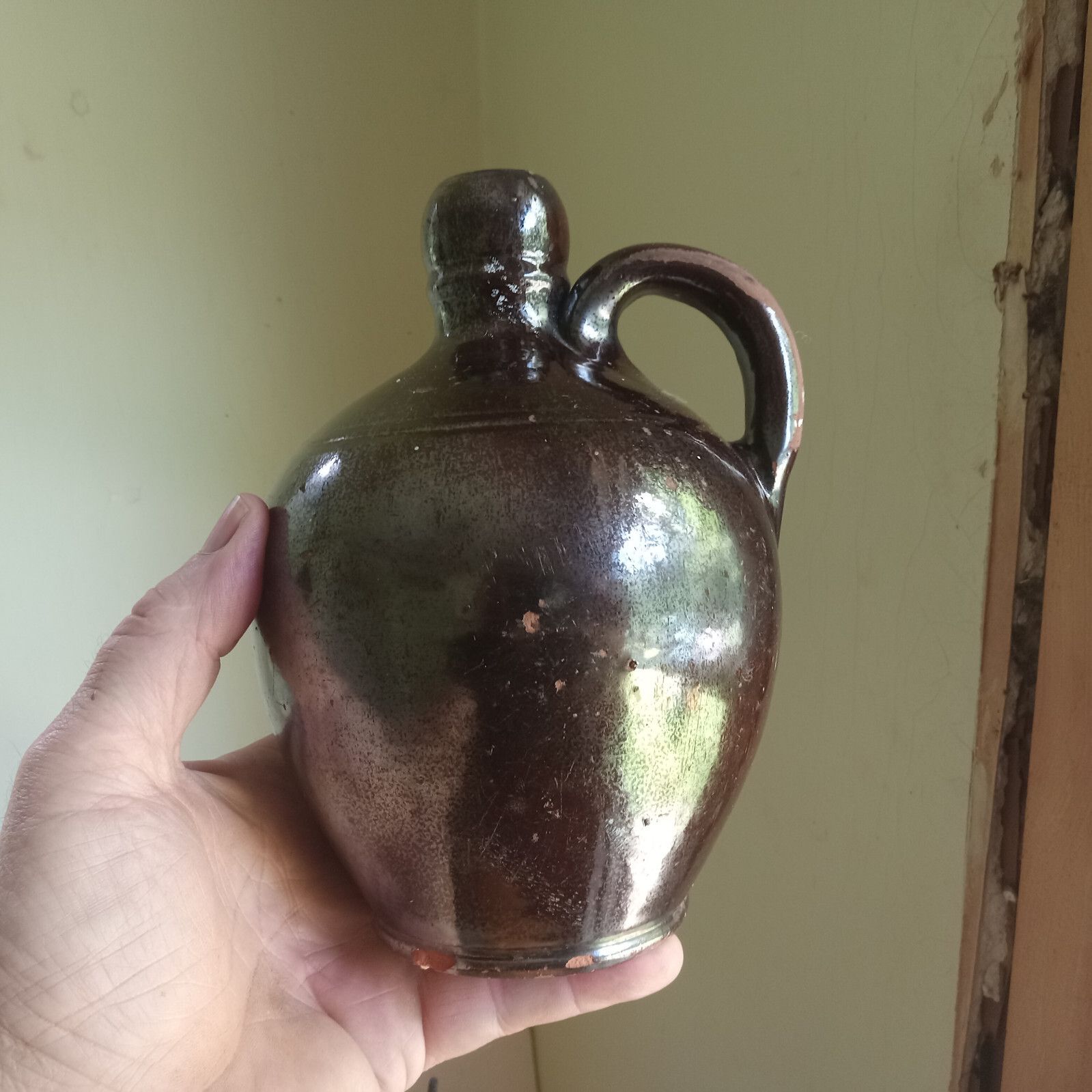 1840s EARLY REDWARE OVOID HAND THROWN POTTERY SMALL JUG WITH UNUSUAL ...