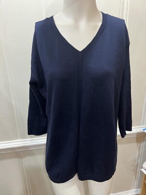 Talbots Womens Navy Sweater 3/4 Sleeve Side Split V-Neck Pullover 100% Cotton S | eBay