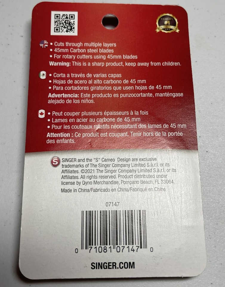 NEW! SINGER ROTARY CUTTER REPLACEMENT BLADES IN CASE - 5 BLADES - SIZE ...