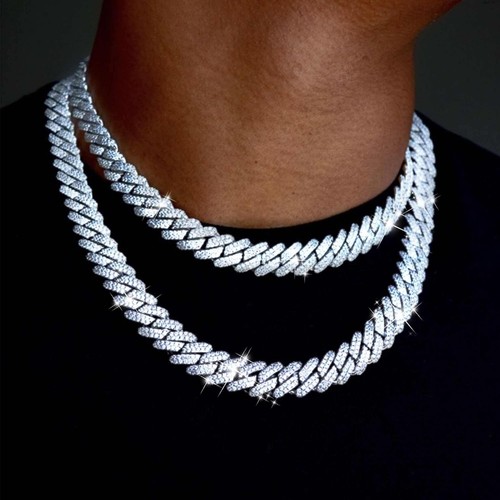 18 inch Cuban Link Chain Mens Iced Out Cuban Necklace Silver Bling ...