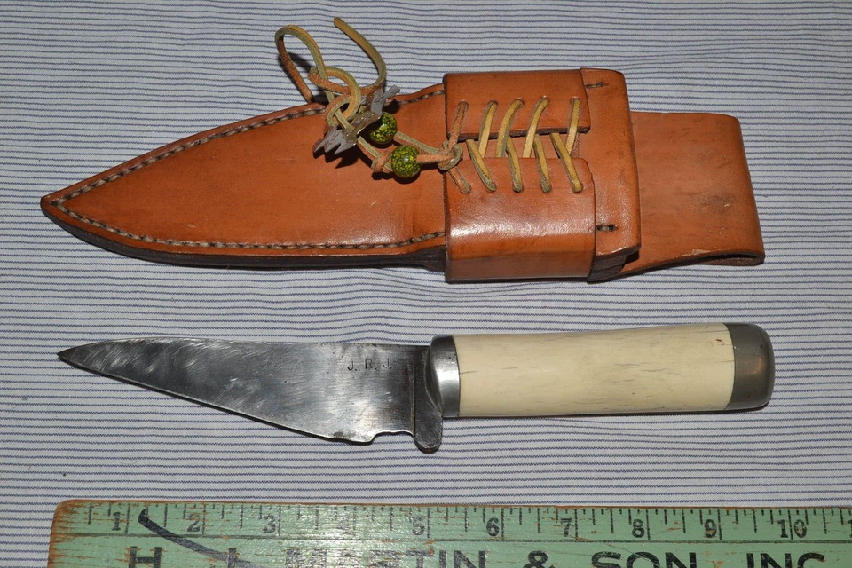Vintage J.R.J. Signed Handmade Custom Bone Handle Knife Leather Sheath ...