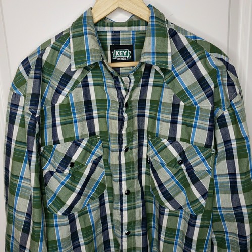 Key Shirt Men's Pearl Snap Button Up Long Sleeve Plaid Western Workwear ...