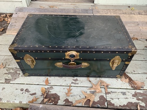 Vintage Military Style Foot Locker Trunk - OD Green w/ Polished Brass ...