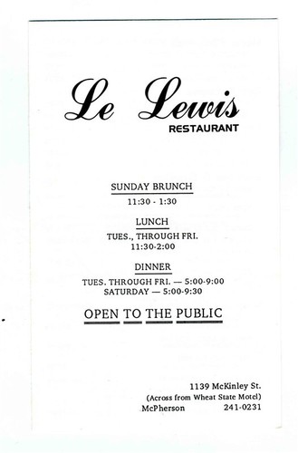 Le Lewis Restaurant Souvenir Menu McKinley St McPherson Kansas | eBay