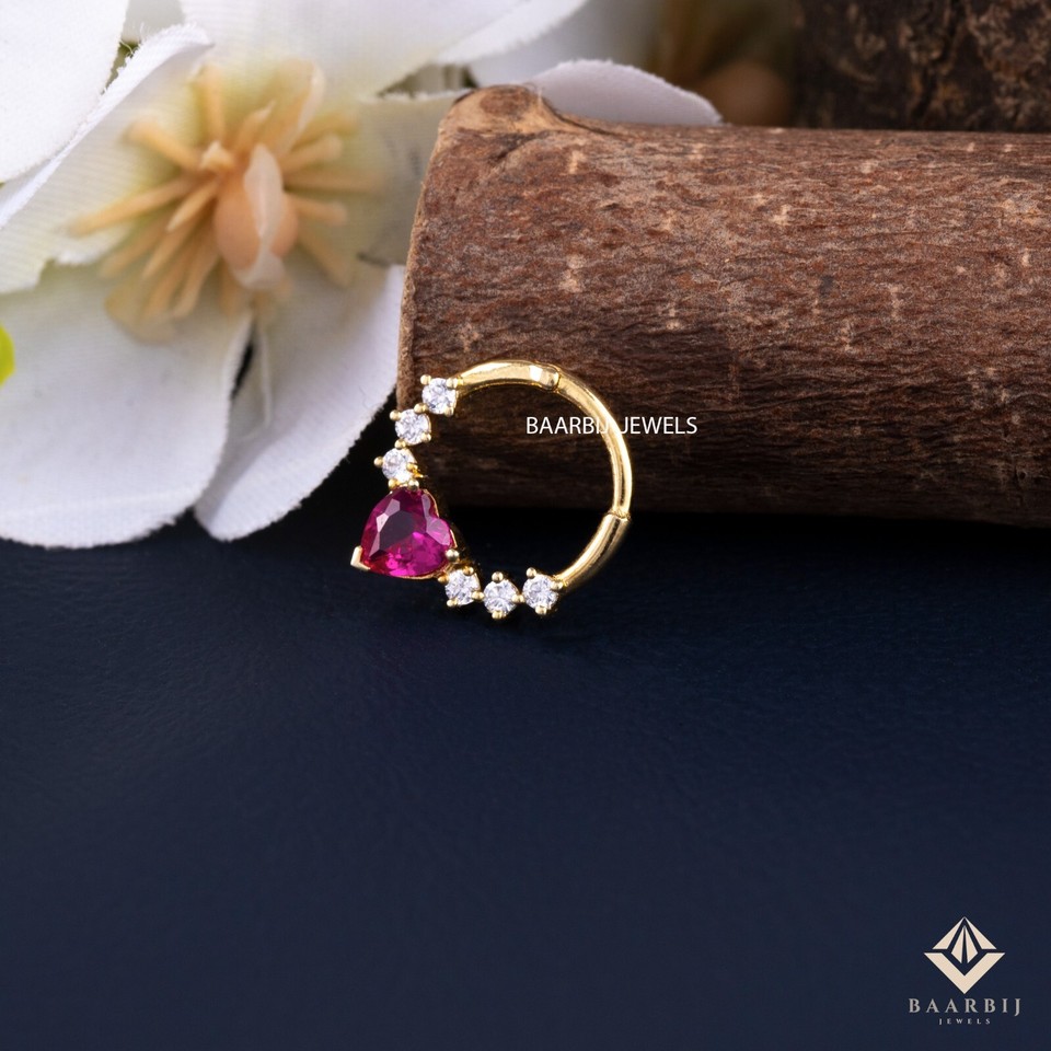 Ria 14K Septum Nose Ring in Gold with Heart Pink Diamond Clicker Daith Piercing | eBay