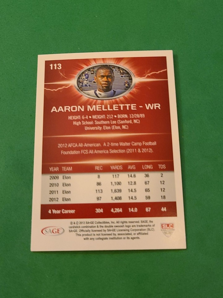 2013 Aaron Mellette ROOKIE SAGE Hit #113 | eBay