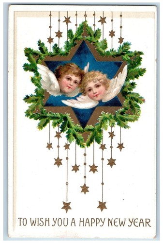 c1910's Happy New Year Star Angels Head Pine Leaf Stars Clapsaddle ...