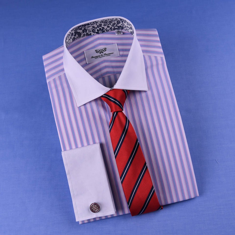 Pastel Multi-Colored Striped Dress Shirt White Poplin Contrast Cuff ...