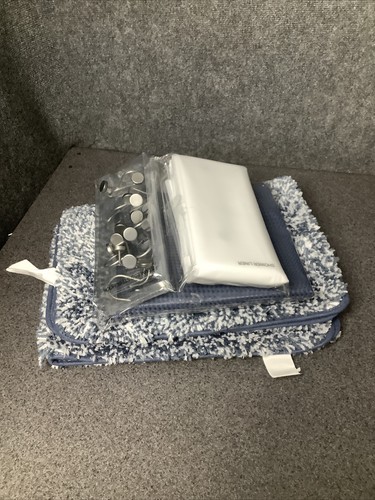 Bath Rug /Shower Curtain/ Shower Liner + Hooks Bundle Blue + White M65B ...