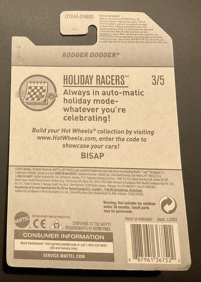 2017 Hot Wheels #73 Holiday Racers-Valentines 3/5 RODGER DODGER Red w ...