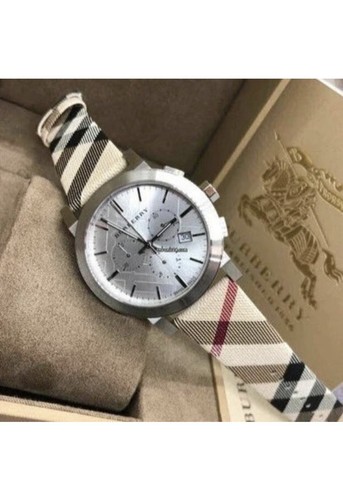 BURBERRY MENS WATCH MULTICOLOUR LEATHER AND FABRIC STRAP WITH SILVER ...