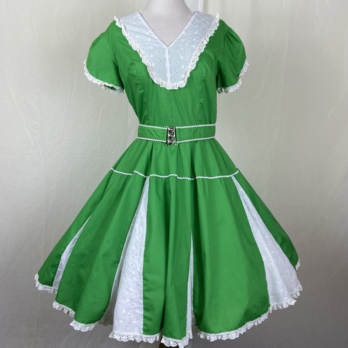 Square Dance Dress Green White Kate Schorer Ric-Rac Eyelet Belt VINTAGE ...