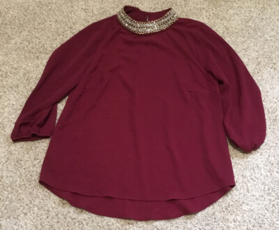 RUBY RED BEADED COLLARED 3/4 SLEEVE BLOUSE SIZE SMALL | eBay