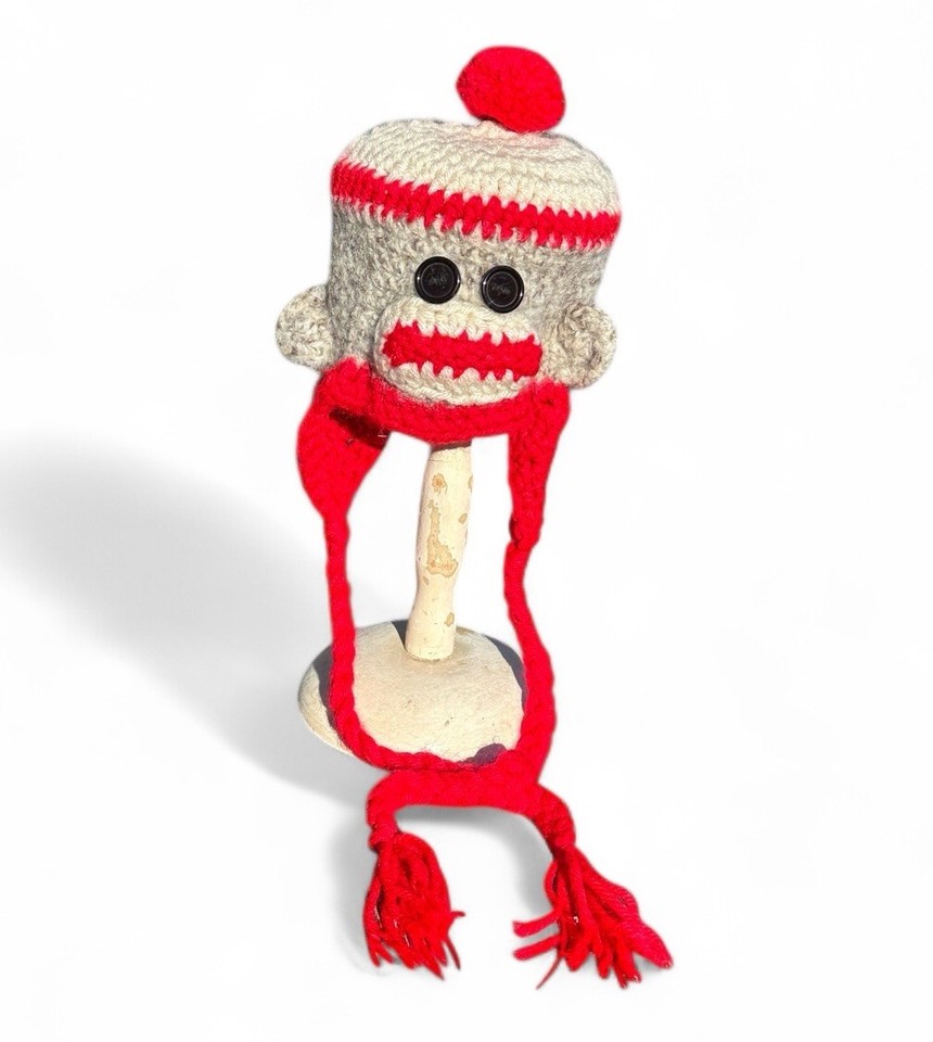 Handmade Baby Knit Crochet Sock Monkey Beanie Hat Ear Flaps Tassels Pom ...
